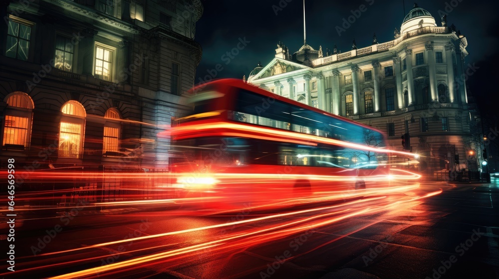 London double decker red bus hurtling through the street of a city at ...