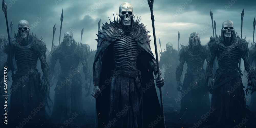 Scary undead on battlefield in mist, army of skeletons on Halloween ...