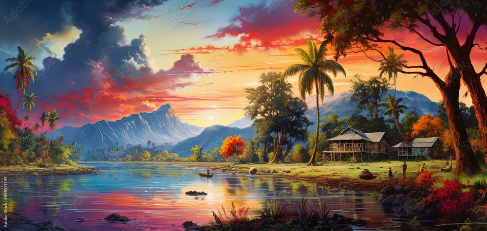 painting style illustration of beautiful nature landscape of rural ...