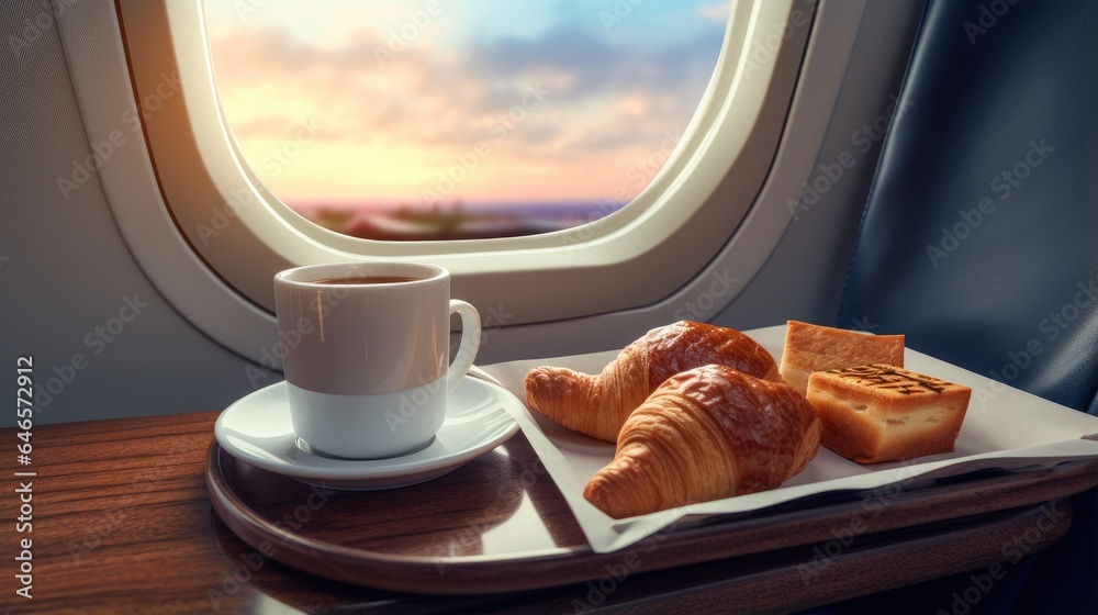 Cup of fresh coffee and croissant, served on a business class seats, in ...