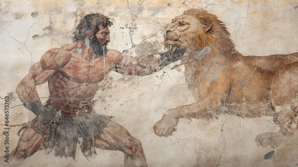 Hercules fighting lion, wall fresco like Ancient Greek and Roman art ...