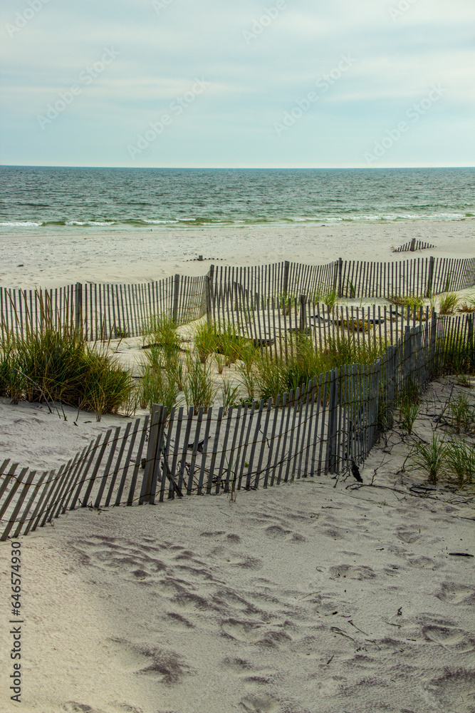 A wooden slated sand fence is partly buried in an ocean beach dune ...