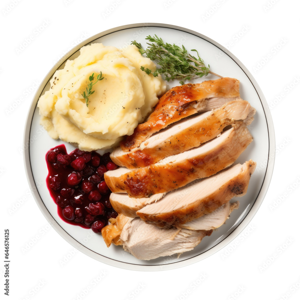 Turkey Dinner with Mashed Potatoes and Cranberry Sauce Isolated on a ...