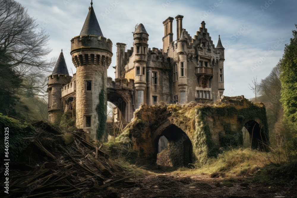 A sprawling, decrepit castle with crumbling towers and ghostly ...