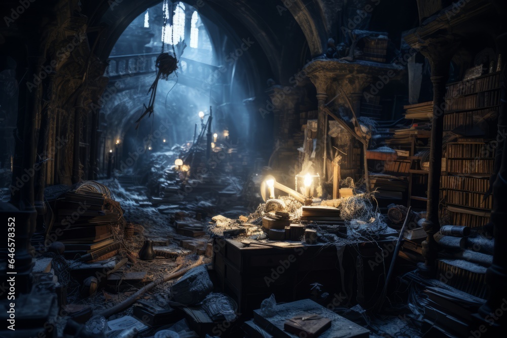 An ancient, cobweb-covered chamber deep underground, filled with arcane ...