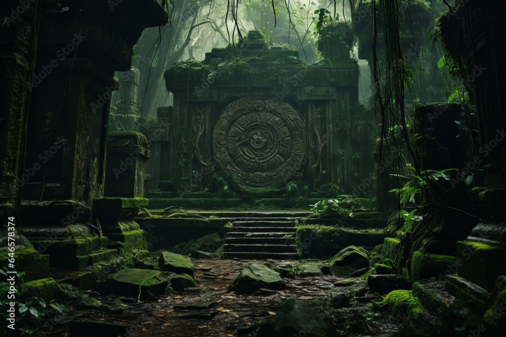 An ancient, overgrown temple hidden deep within a jungle, where ...