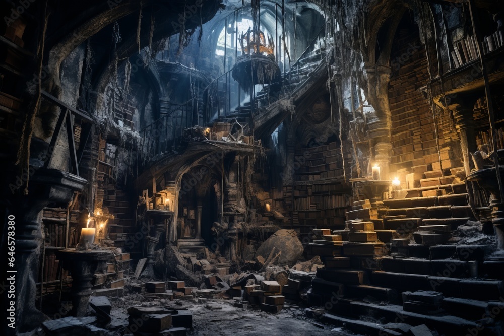 An ancient, cobweb-covered chamber deep underground, filled with arcane ...