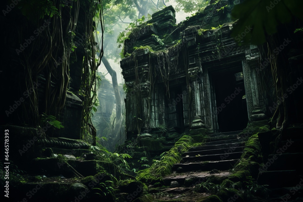 An ancient, overgrown temple hidden deep within a jungle, where ...