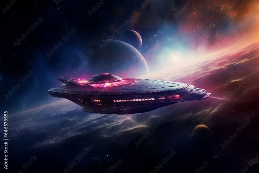 A lone starship voyaging through the colorful nebulae of a distant ...