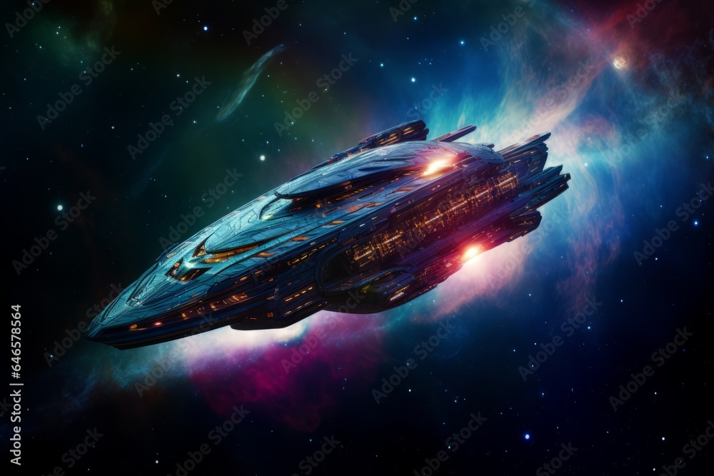 A lone starship voyaging through the colorful nebulae of a distant ...