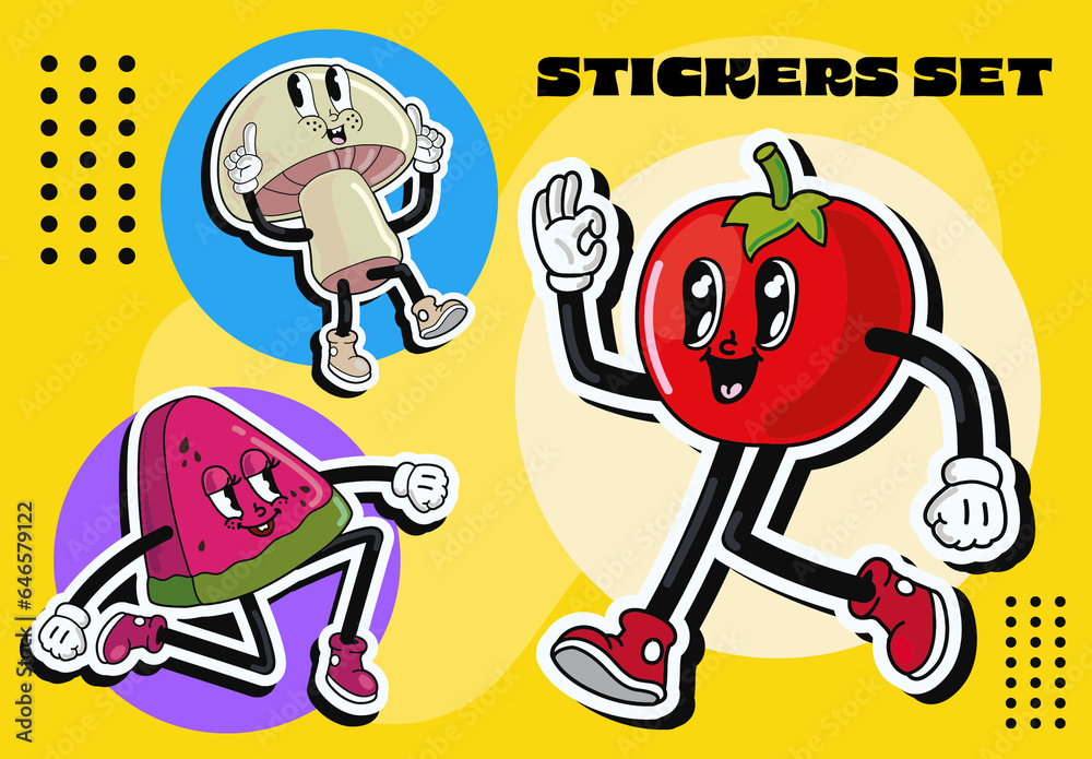 Colorful Cartoon Fruit Vegetable Sticker Set Stock Template | Adobe Stock