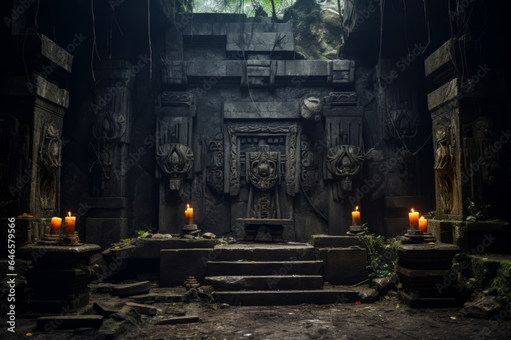 A foreboding altar in the heart of a forgotten temple, where dark ...