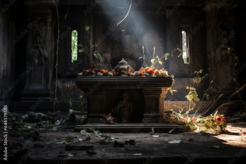 A foreboding altar in the heart of a forgotten temple, where dark ...
