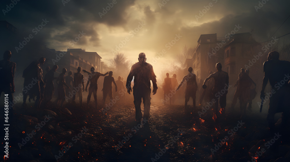Apocalypse fantasy scene group of zombie walking. Halloween concept ...
