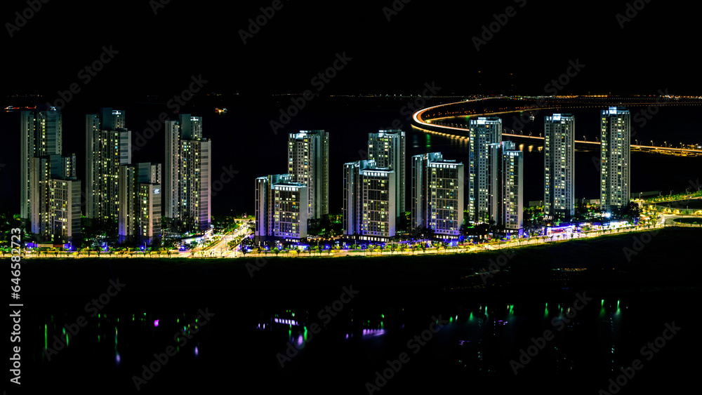 Incheon City South Korea Cityscape on a summer night with a view of the ...