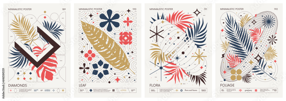 Modern geometric vector color Minimalistic Posters with simple shapes, and exotic leaves ...
