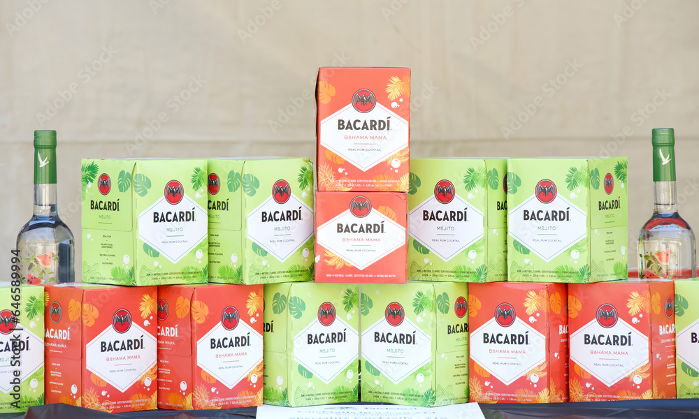 Oakland, CA - Sept 10, 2023: Boxes of Bacardi rum stacked on a table ...