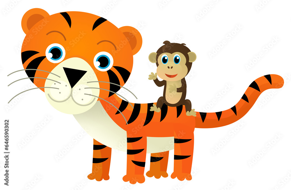 cartoon scene with happy tropical cat tiger and other animal on white ...