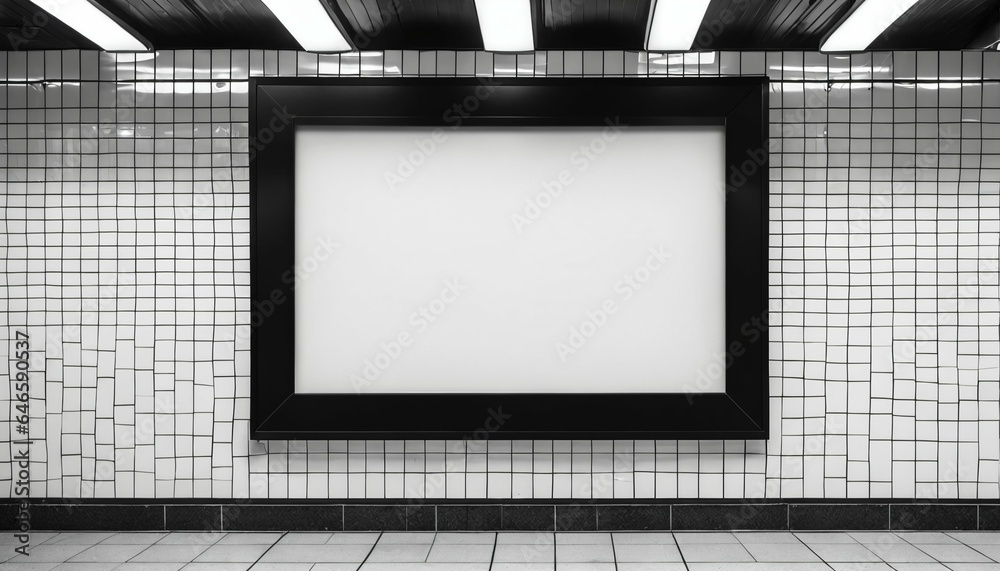 Blank white digital billboard black frame light box in subway station ...