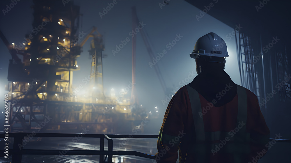 Photo & Art Print Back view of oil drill platform project manager ...