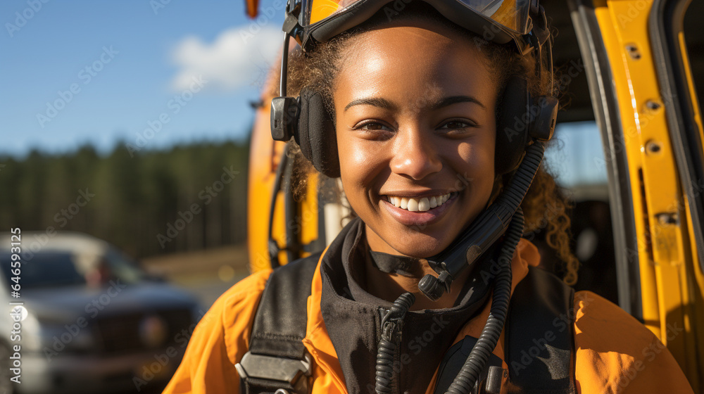 Female African American search and rescue helicopter pilot standing ...