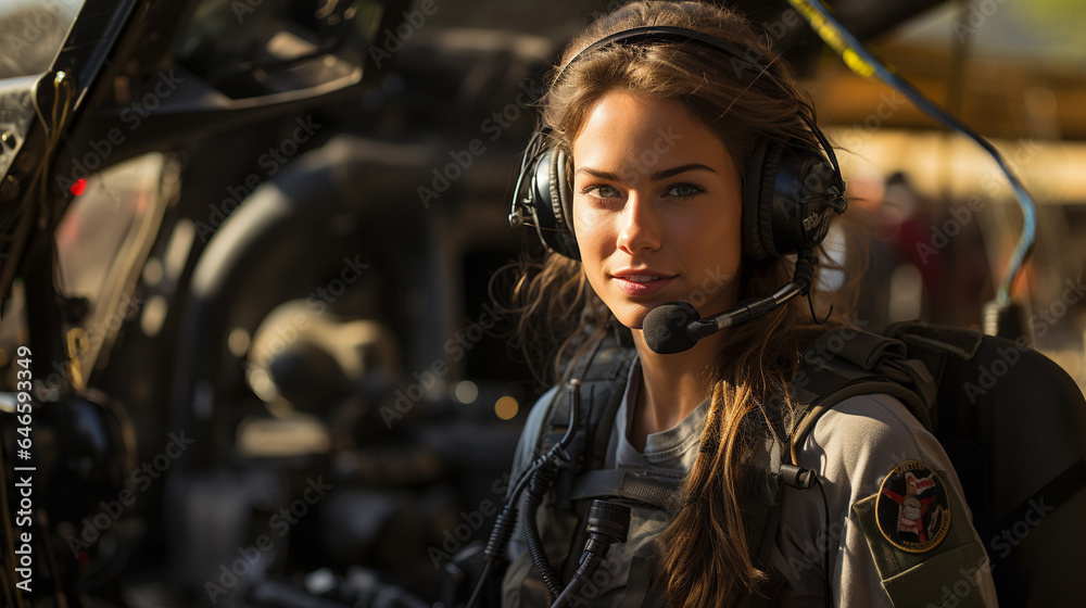 Female military helicopter pilot standing near her aircraft ...