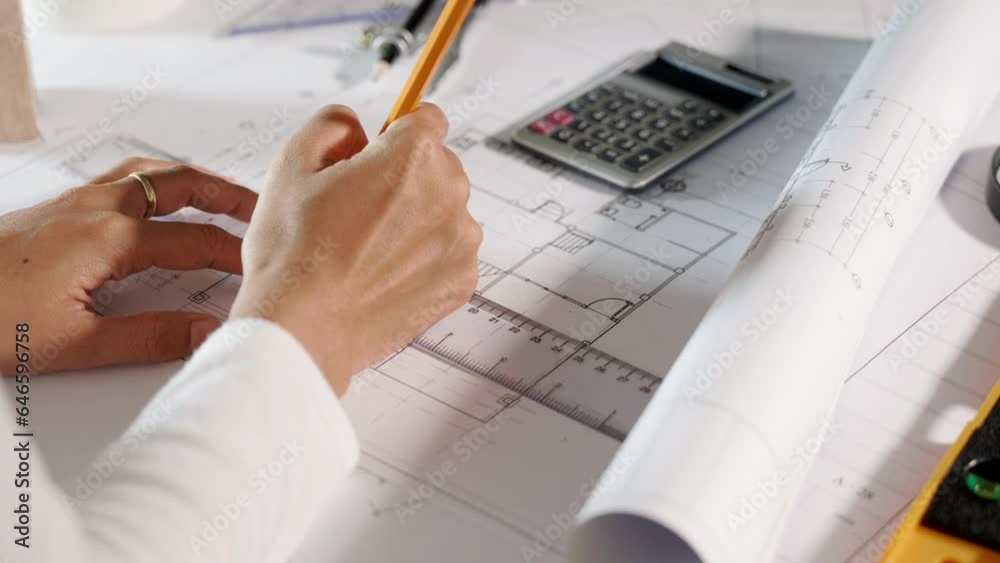 Architectural project workplace. Architect drawing with ruler on house ...