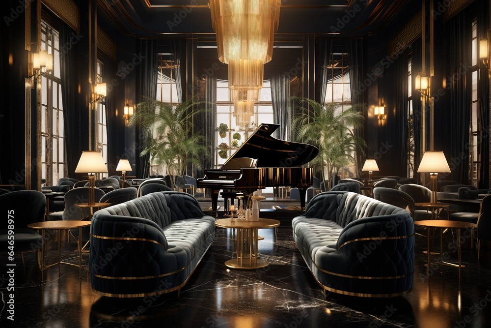 Art Deco Jazz Club with a grand piano, velvet banquettes, brass details ...