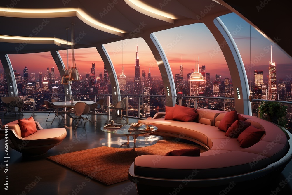 Futuristic Skyline Lounge with floor-to-ceiling windows, cityscape views, sleek seating, and a ...