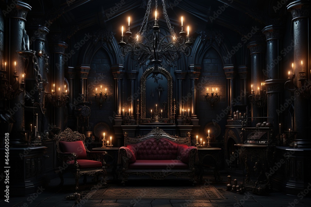 Victorian Vampire's Lair with rich velvet upholstery, Gothic decor, and a dark, vampiric ...