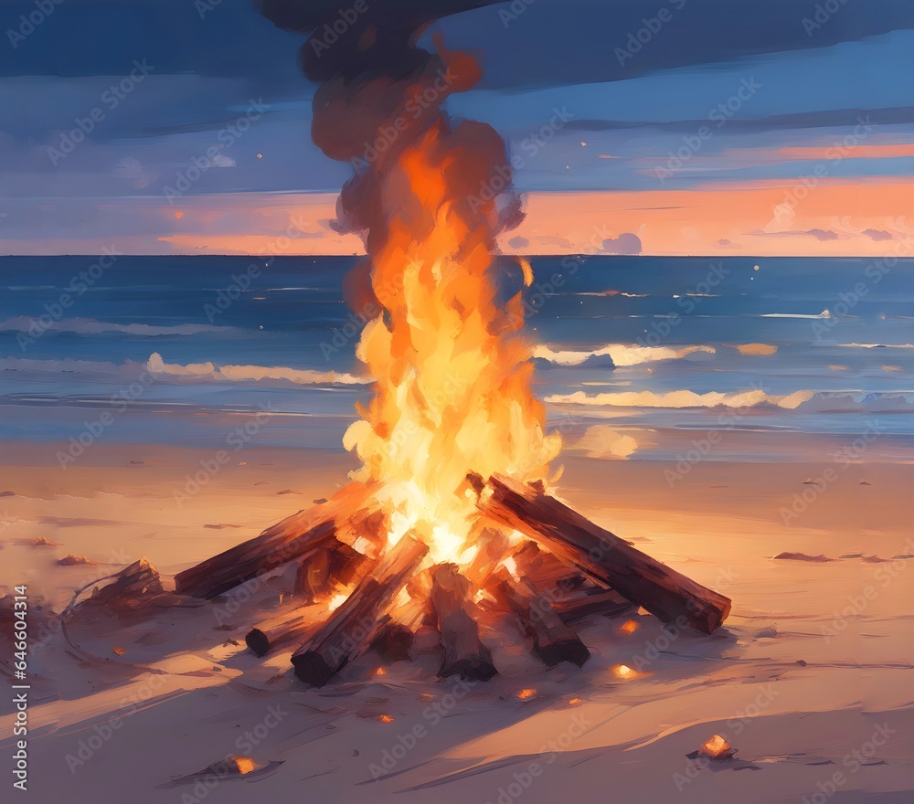 Beautiful digital illustration of a bonfire on the Brazilian coast and ...