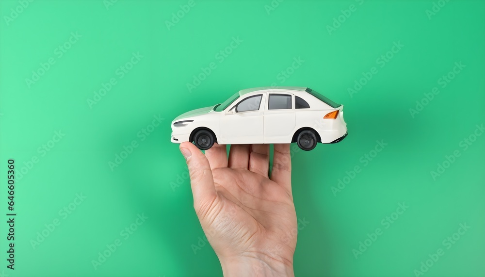 Man holding a car in their hands, hand holding car mockup, green ...