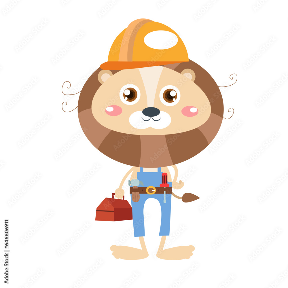Vector cute lion construction workers mascot cartoon vector icon ...