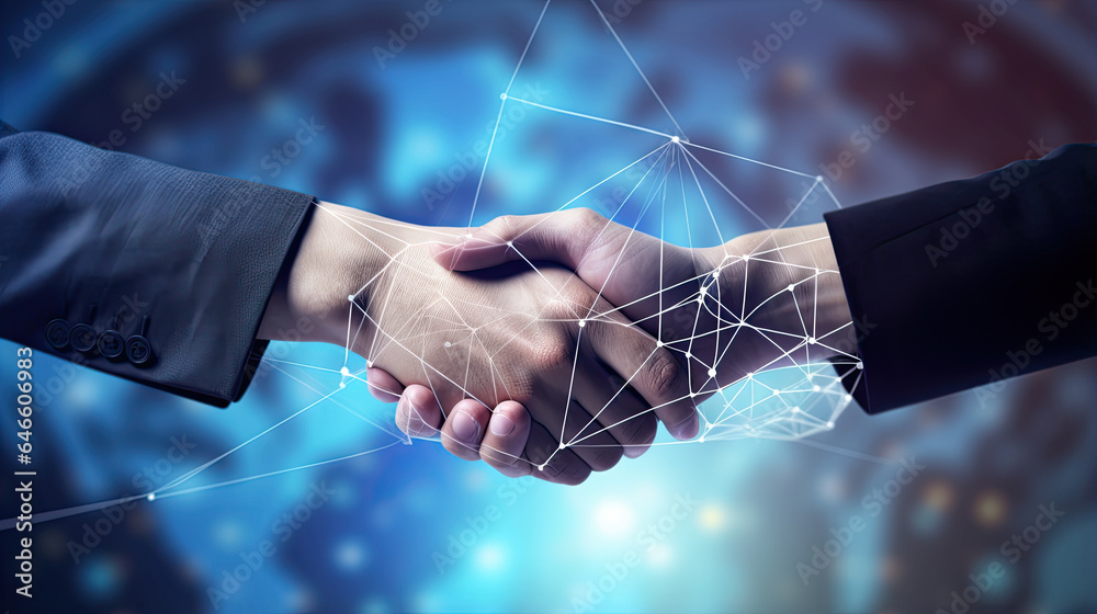 Businessmen handshake global stock market graph bar chart globe network ...