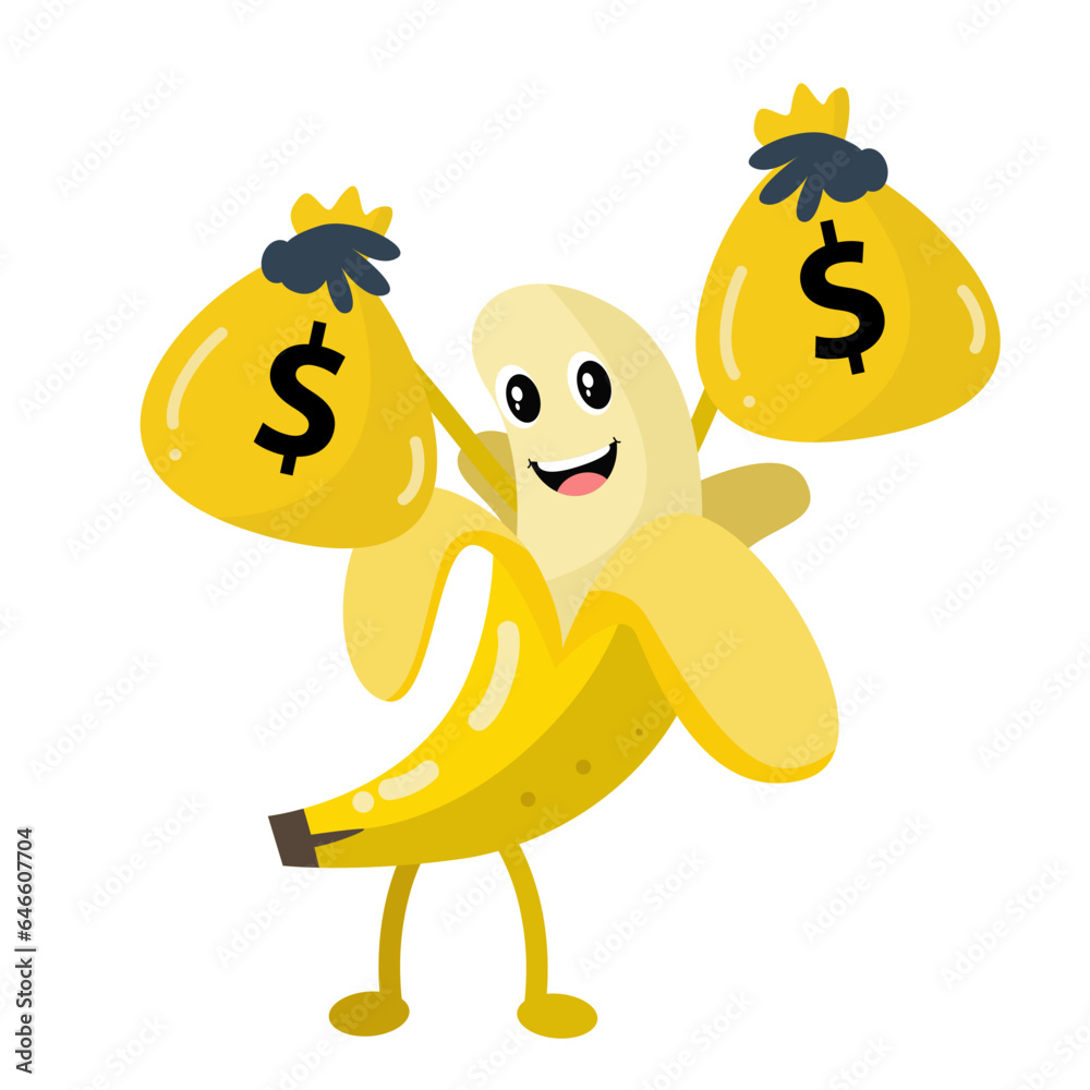 Vector cute peeled banana with sack of money cartoon fruit icon ...