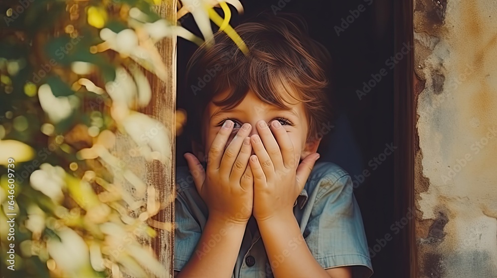 children kid playing hide and seek standing next wall house, Adorable ...