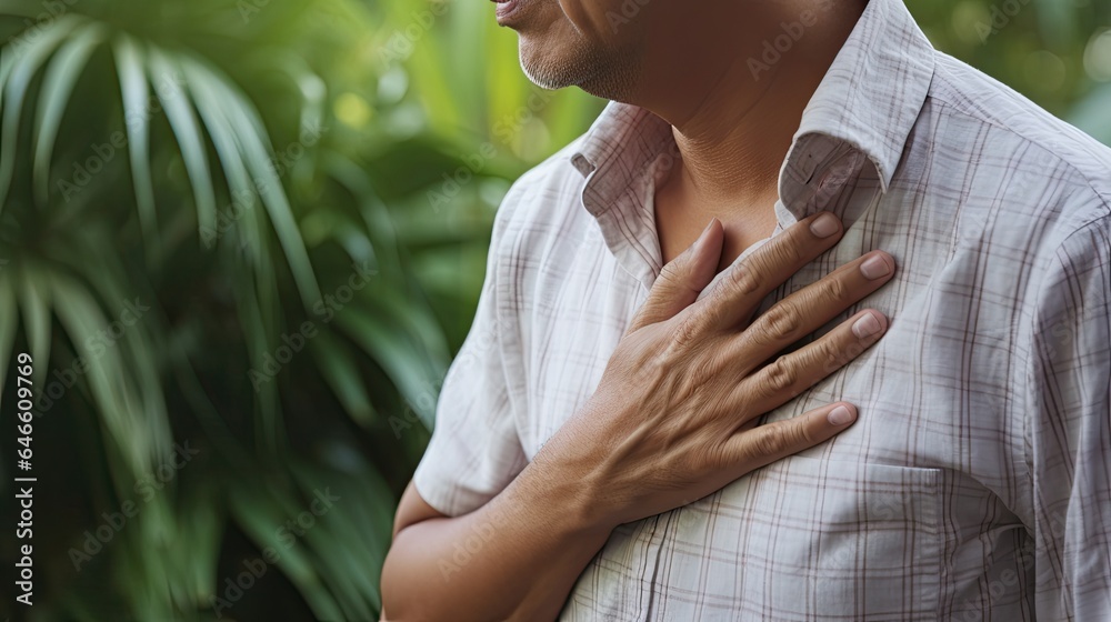 hand hold chest with heart attack symptoms, man working hard have chest ...