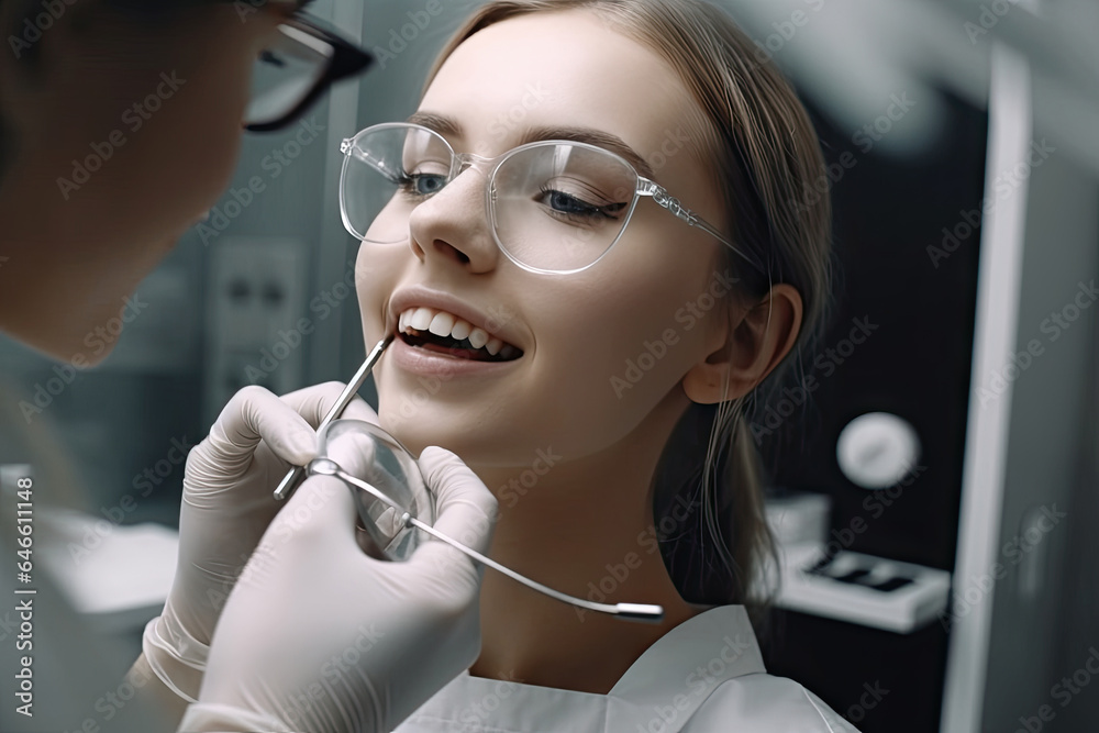 Dentist checking the teeth of a beautiful young girl with her mouth ...