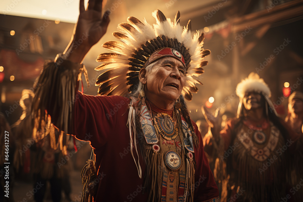 Indigenous Native American dancers in traditional regalia, performing a ...