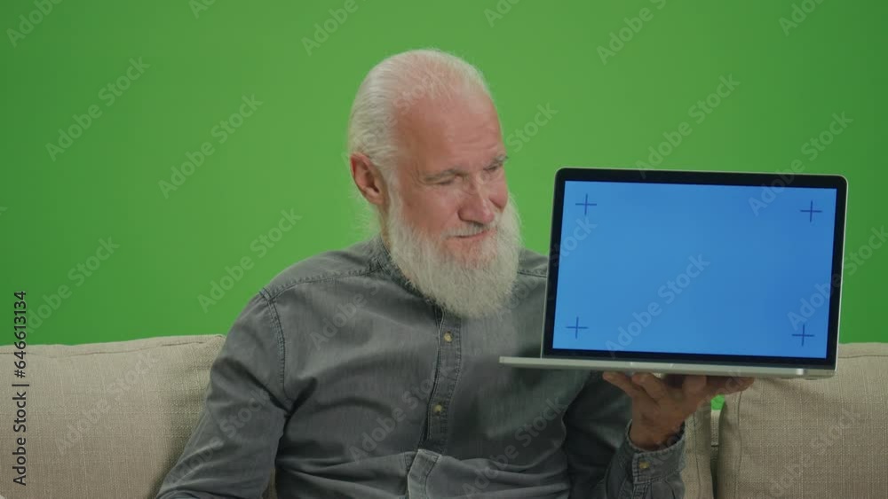 Green Screen.Portrait of an Old Man with a Laptop with Blue Screen ...
