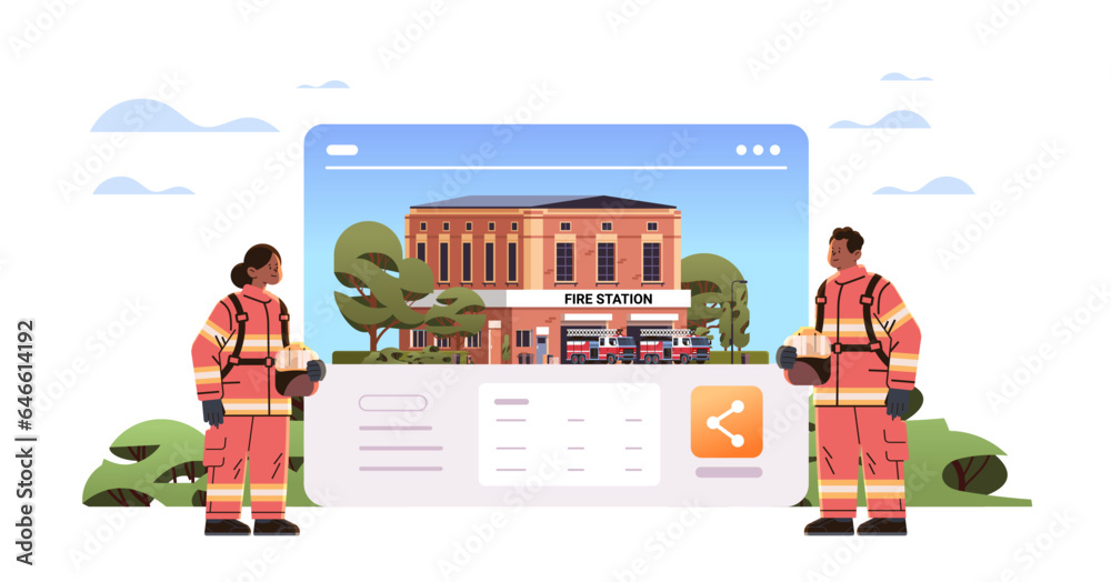 firefighters in uniform standing near fire station building department ...