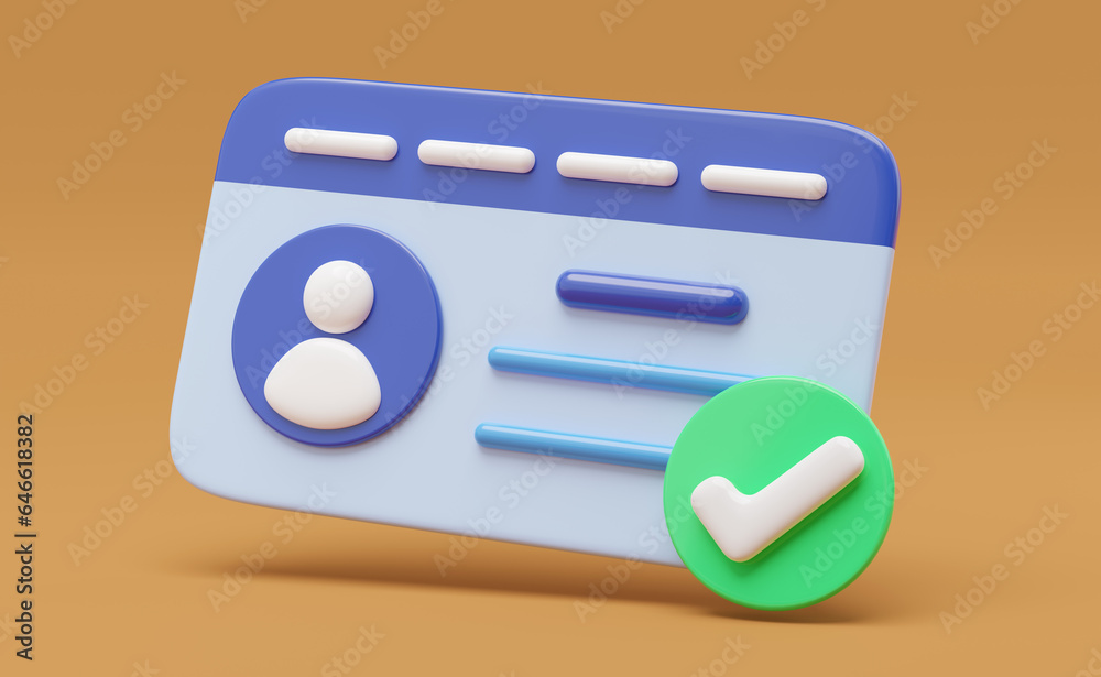 3d Id card icon. Identification card with check mark isolated on orange ...