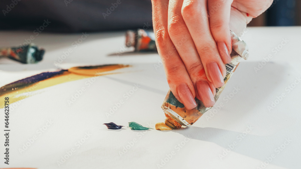 Drawing process. Artistic equipment. Unrecognizable woman painter hands ...