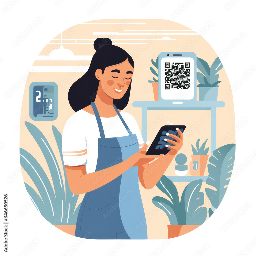 The animated of young woman making easy contactless payment with her ...