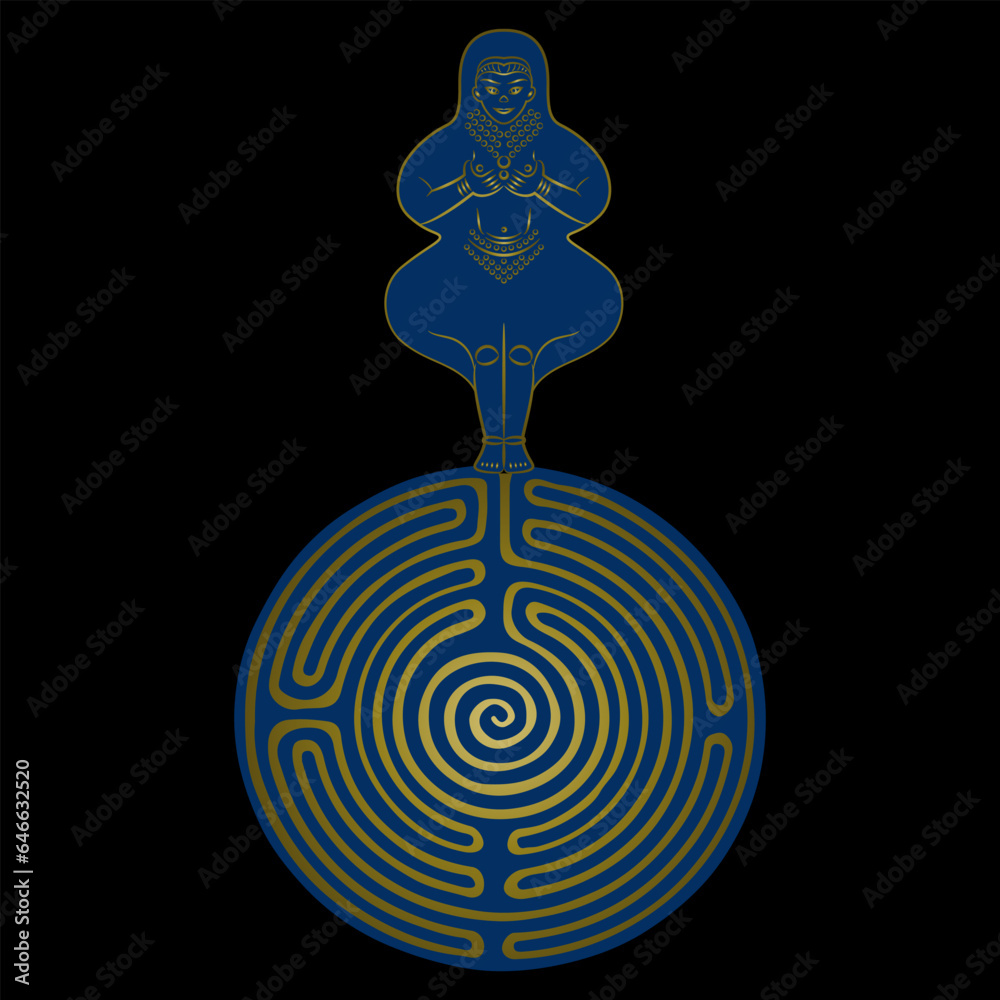 Near East fertility goddess standing on a round spiral maze or ...