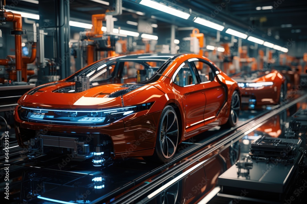 Futuristic electric car production line with robotic manipulators Stock ...