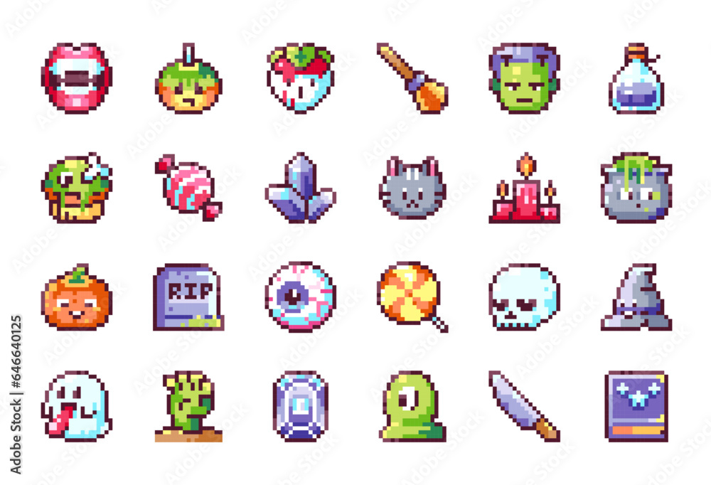 Pixel Art Halloween Icon Set. 8 bit Style Pixelated Halloween Stickers ...