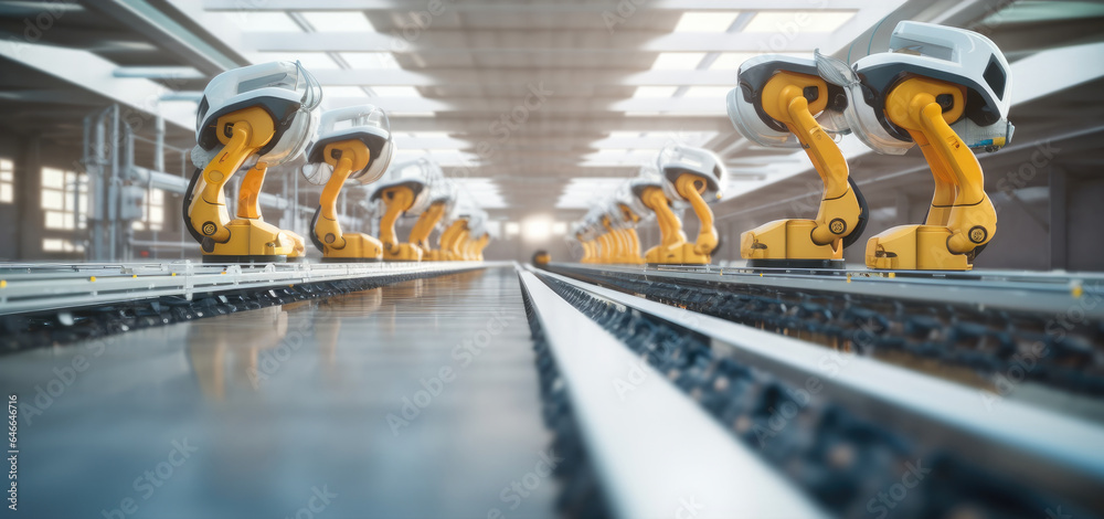 Interior of a modern automated factory with robotic arms and conveyor ...