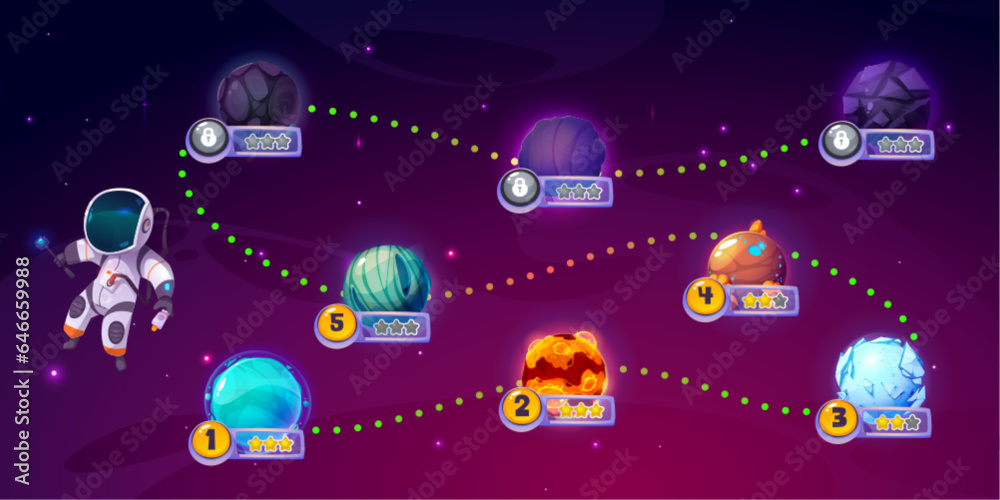 Astronaut adventure arcade game map. Vector cartoon illustration of ...