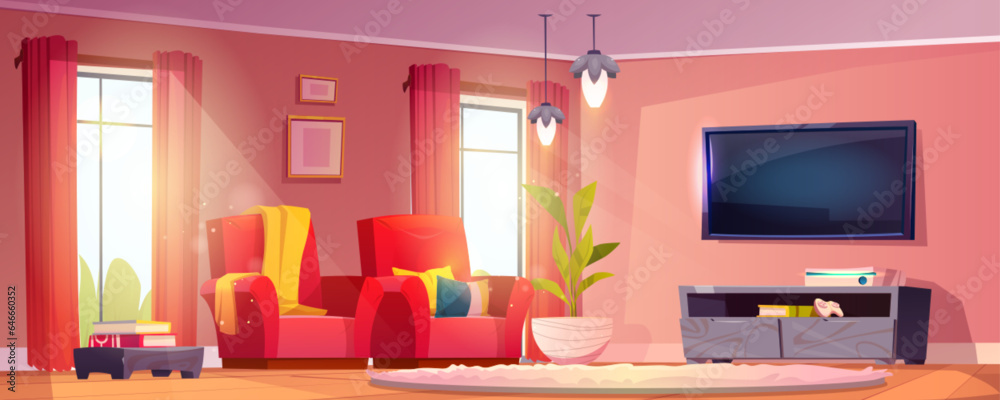 Morning living room with TV in modern house. Vector cartoon ...